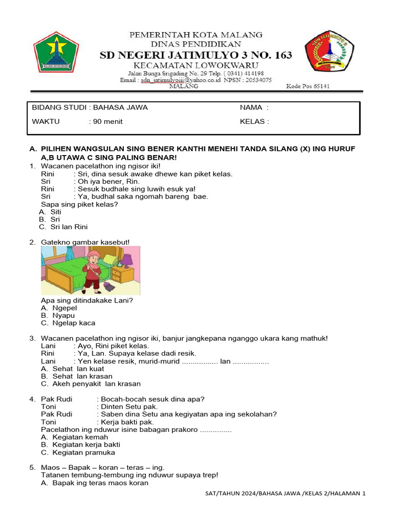 Soal Sas Bahasa Jawa Kelas 2 SMT 2 2023 2024 | PDF
