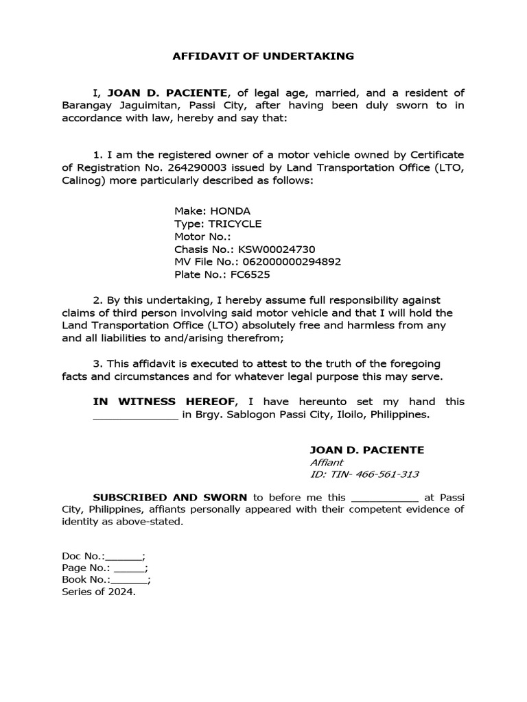 Affidavit of Undertaking for Vehicle | PDF