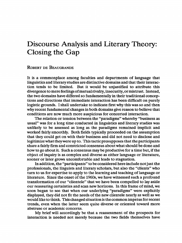 Discourse Analysis And Literary Theory Closing The Gap ROBERT DE