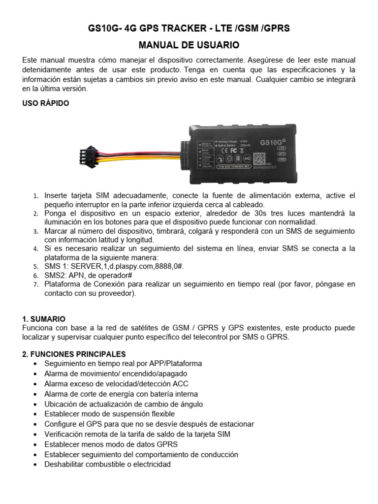 Manual de Usuario GPS Tracker GS10G | PDF | paquete general de Radio ...