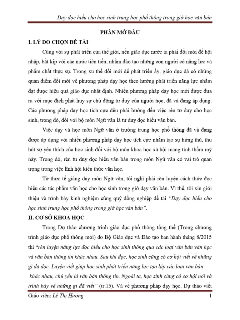 SKKN - Day Doc Hieu Cho Hoc Sinh THPT Trong Gio Hoc Van Ban - Ngu Van | PDF