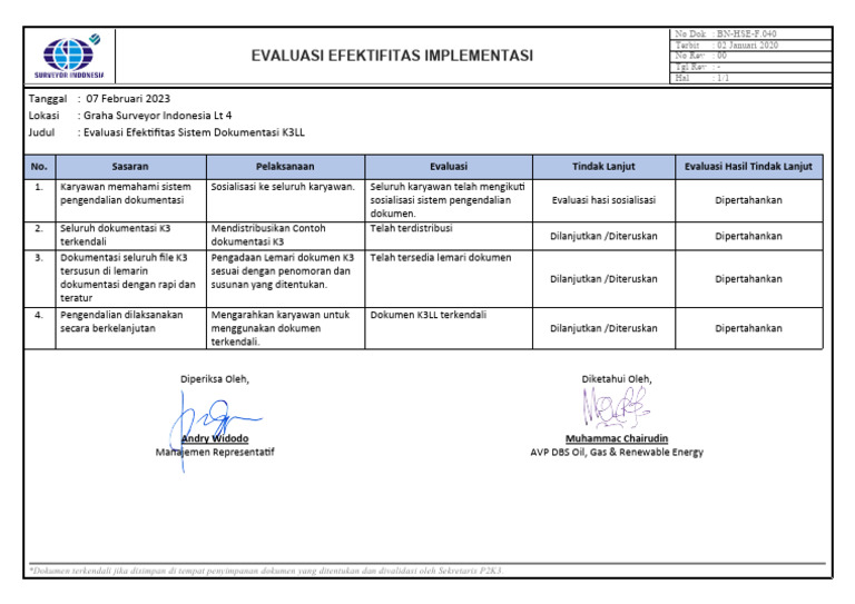 Evaluasi Efektifitas Pengendalian Dokumen HSE BN HSE F 041 TGL | PDF