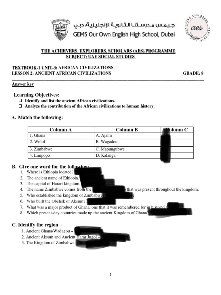 Lesson 2-Ancient African Civilizations- Answer Key | Download Free PDF ...