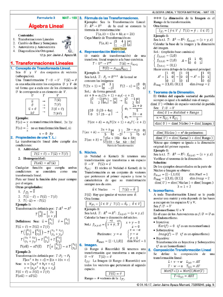 MAT103 FORMULARIO | PDF | Valores propios y vectores propios | Mapa lineal