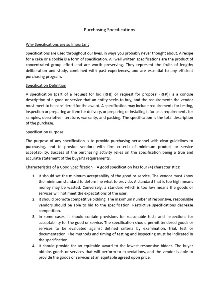 Purchasing Specifications | PDF | Specification (Technical Standard ...