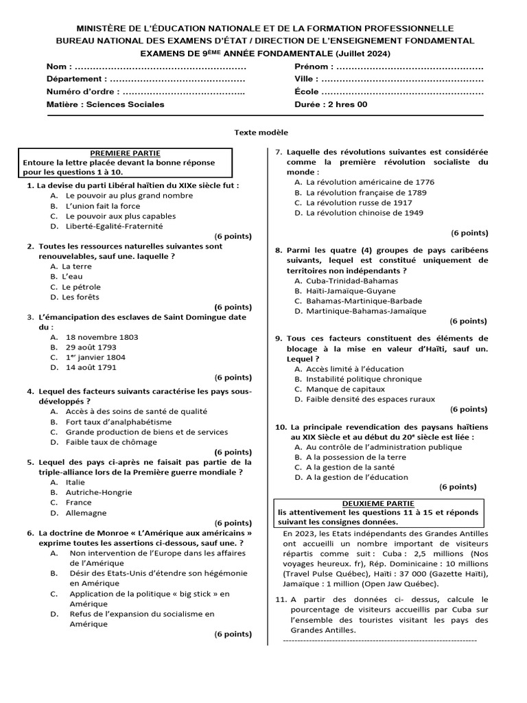 Examen 9ème 2024 : Sciences Sociales | PDF | Haïti | Révolutions