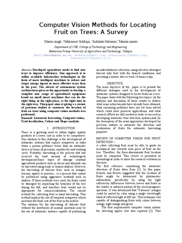 Computer Vision Methods For Locating Fruit On Trees Pdf Computer