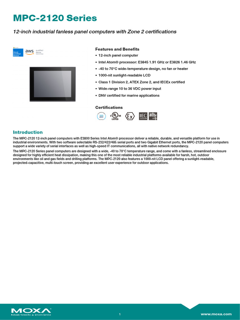 Moxa MPC 2120 Series Datasheet v2.0 | PDF | Embedded System | Electronics