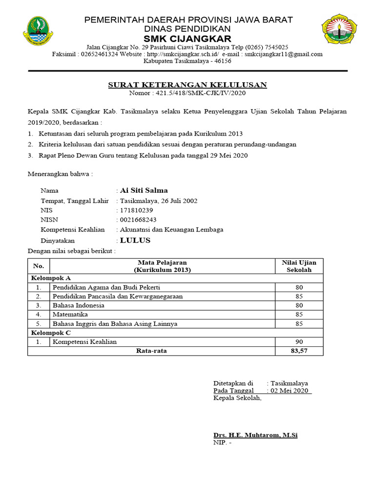 Surat Kelulusan SMK Cijangkar 2020 | PDF