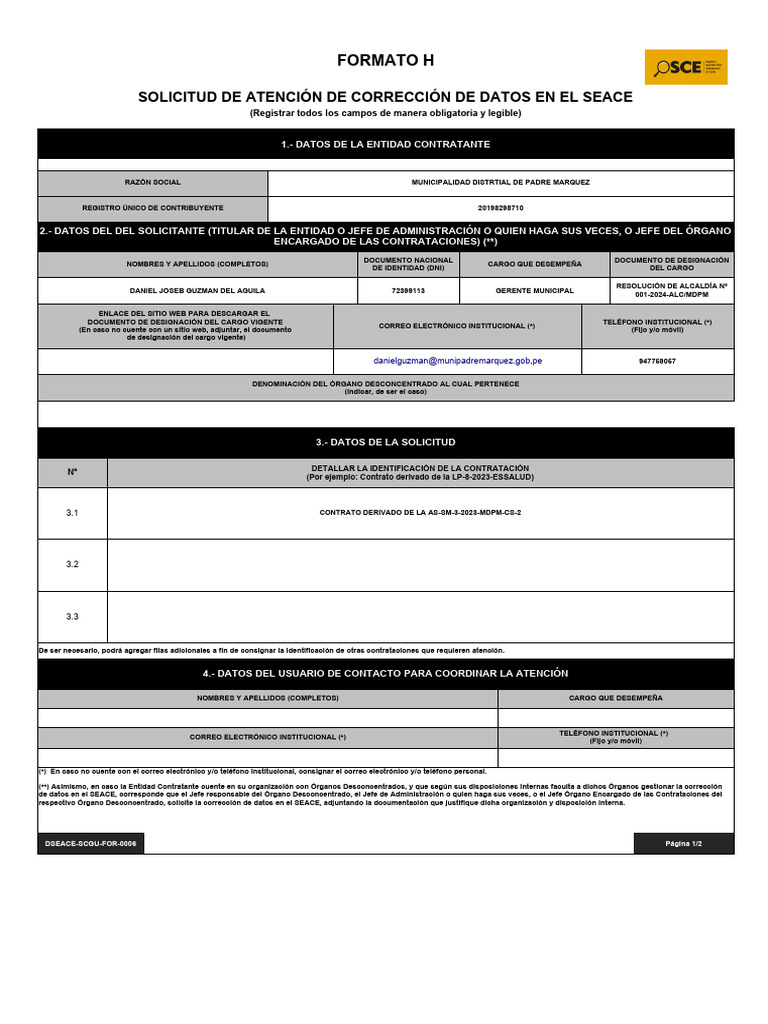Formato H Solicitud de Atencion de Correccion de Datos en El Seace ...