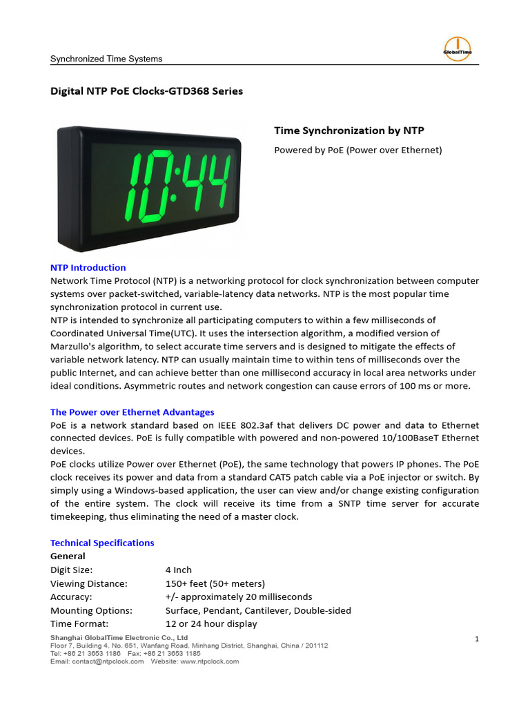 Data Sheet_Digital NTP PoE Clocks-GTD368 Series 2023.7.6 | Download Free PDF | Computer Network ...