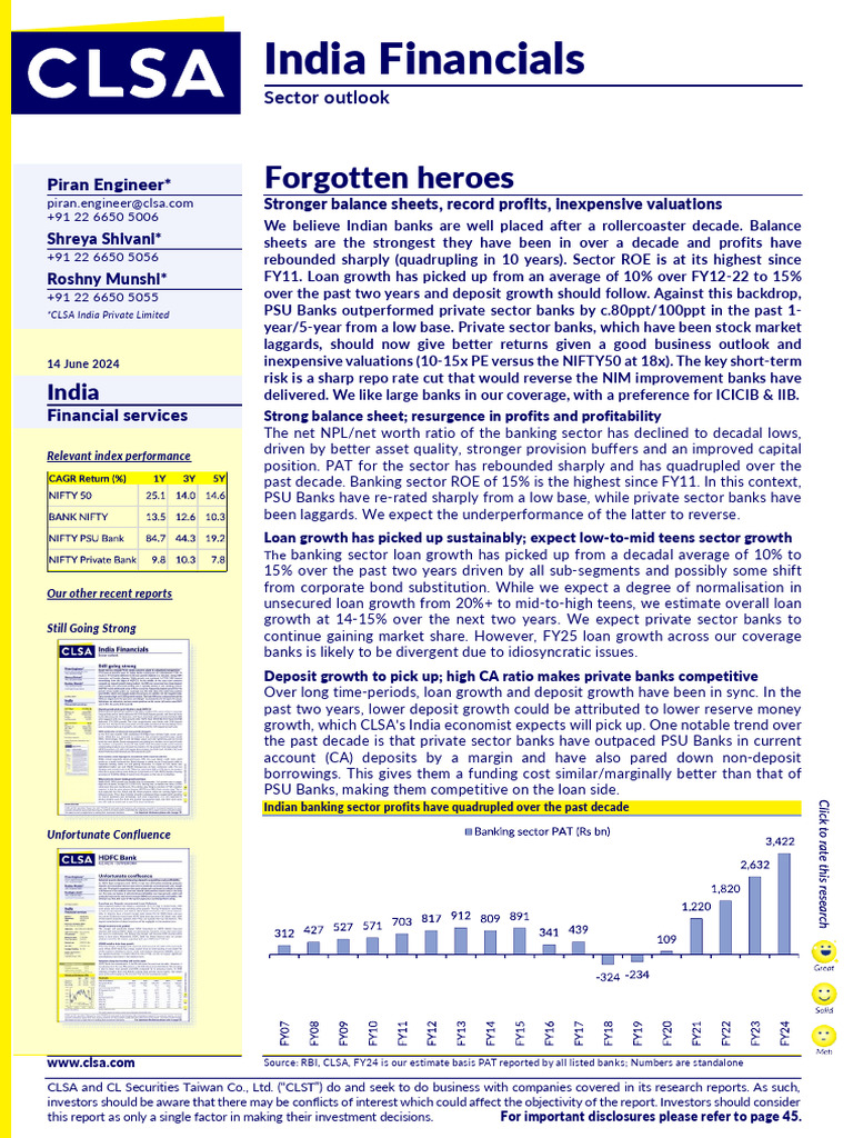 CLSA Report On India Financials - Forgotten Heroes | PDF | Loans | Banks