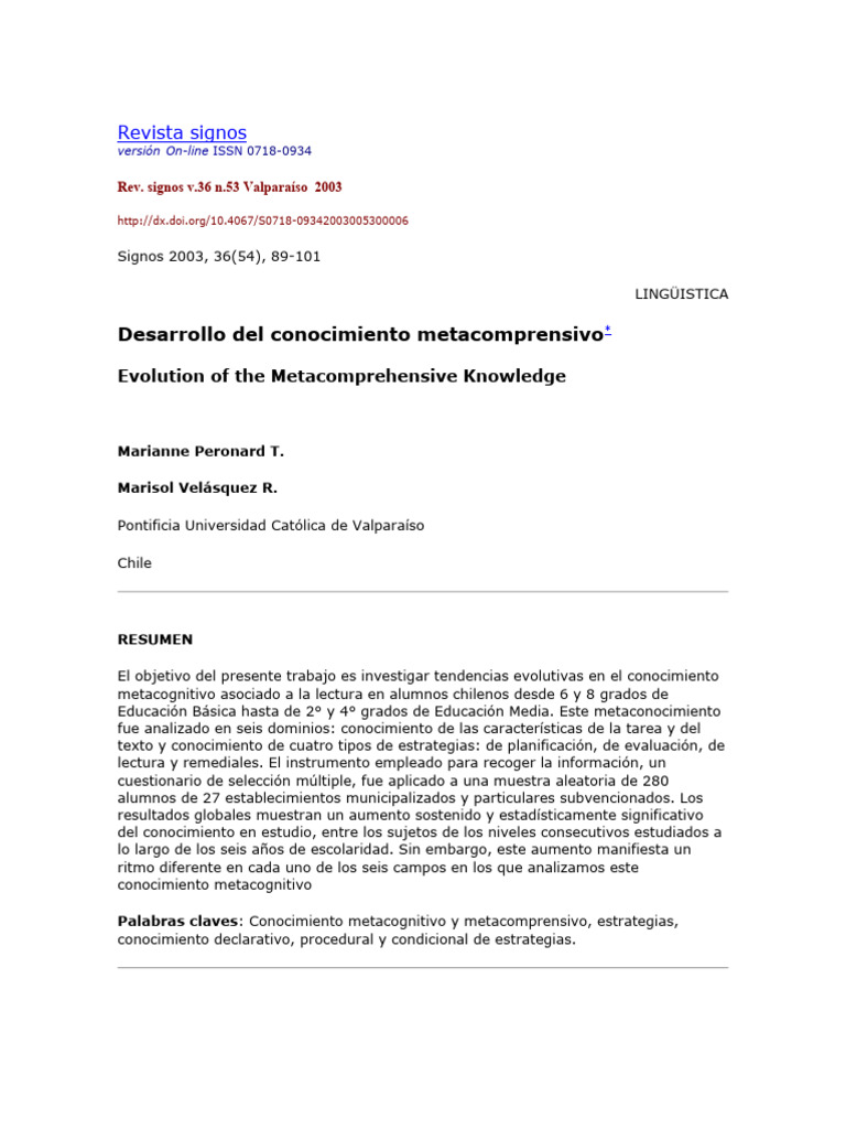 Peronard - Metacomprensión | PDF | Conocimiento | Planificación