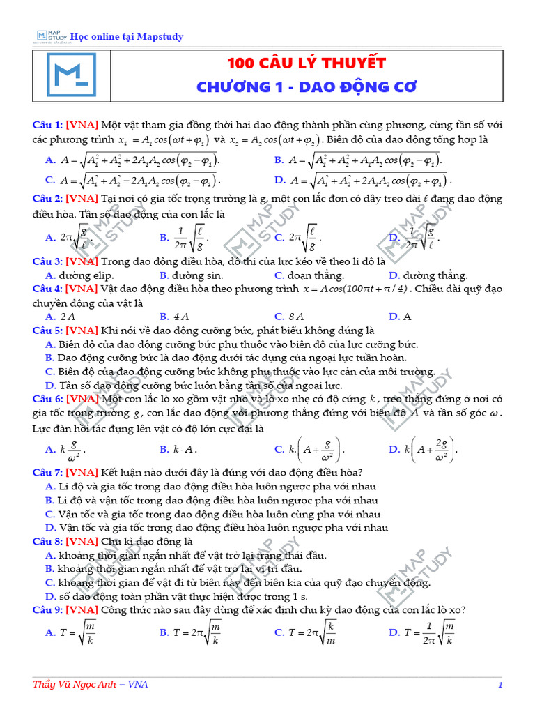 100 Câu Lý Thuyết Chương 1 - Dao Động Cơ | PDF
