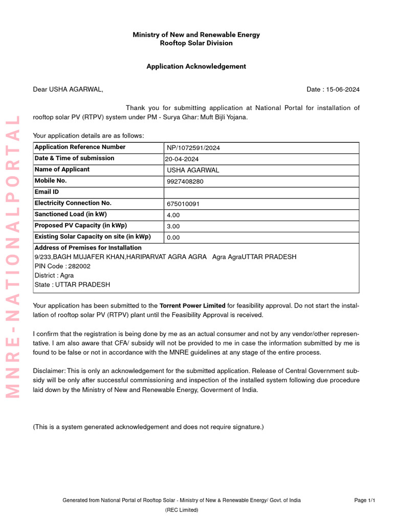 Rooftop Solar Application Acknowledgement | PDF | Solar Power | Energy ...