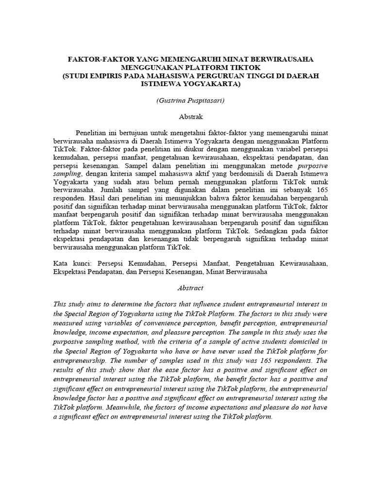 Jurnal Faktor-Faktor Yang Memengaruhi Minat Berwirausaha Menggunakan Platform TikTok | PDF | Bisnis