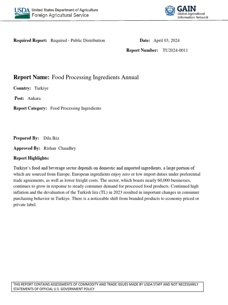 Turkiye Food Processing Ingredients Report | PDF | Inflation | Foods