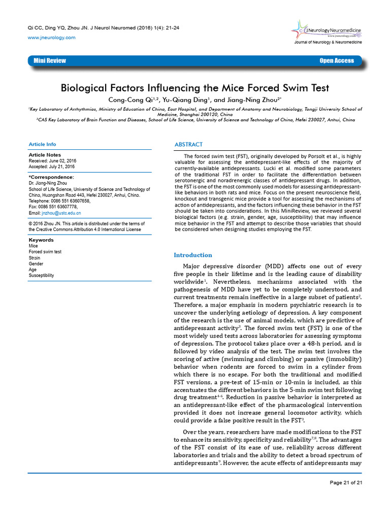 Biological Factors Influencing The Mice Forced Swim Test Neuromed 16 ...