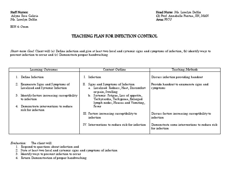 Teaching Plan (Infection Control) | PDF | Infection | Immunology