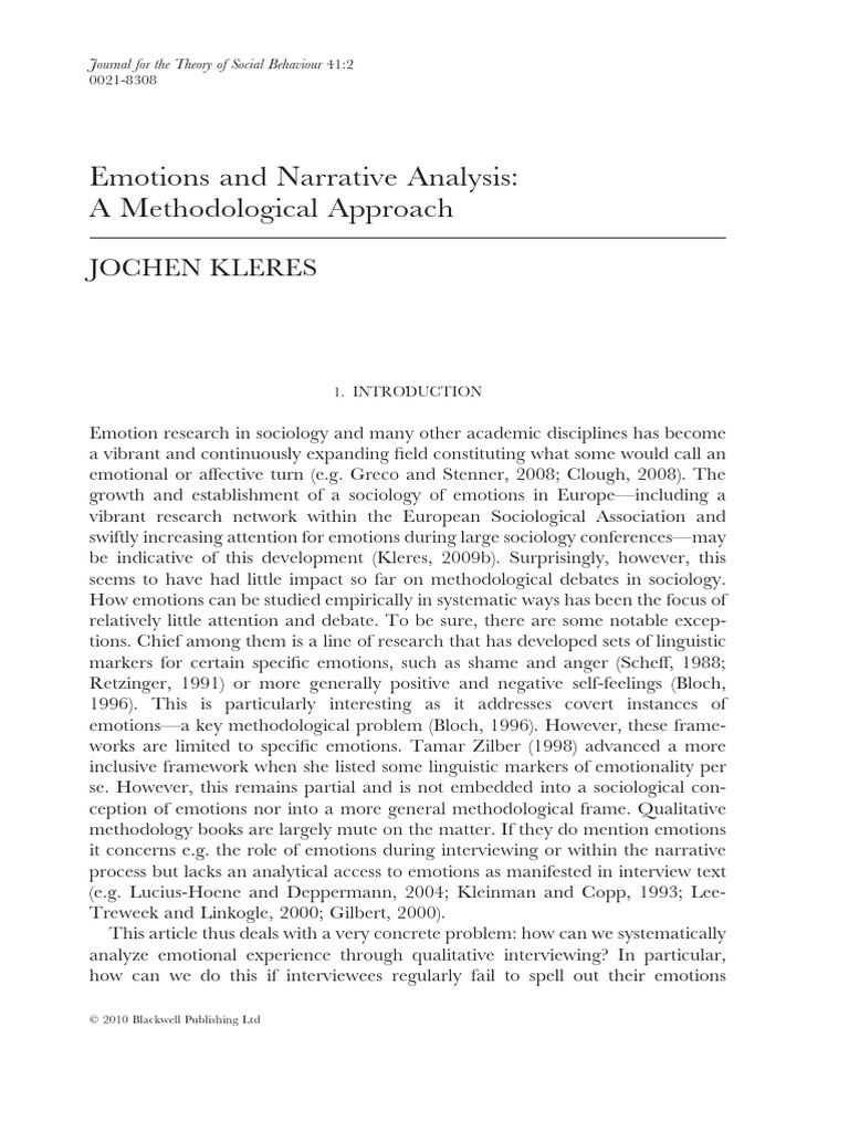 Kleres Emotions and Narrative Analysis | PDF | Emotions | Narrative