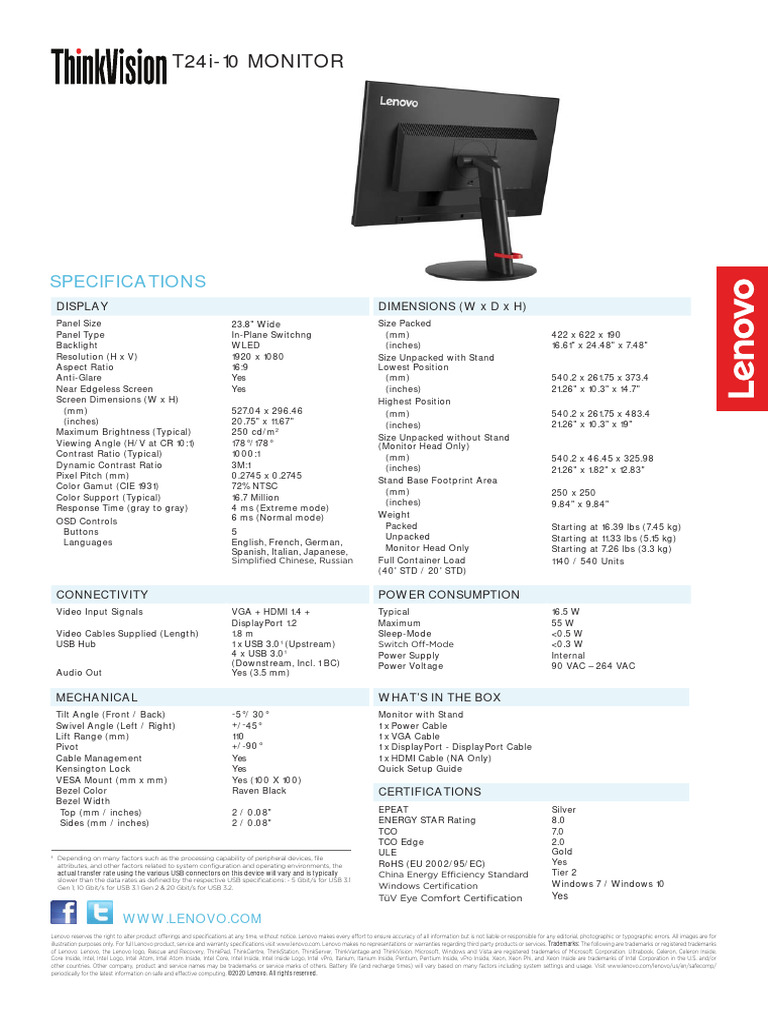 Lenovo ThinkVision T24i-10 Specs | PDF | Computer Monitor | Video