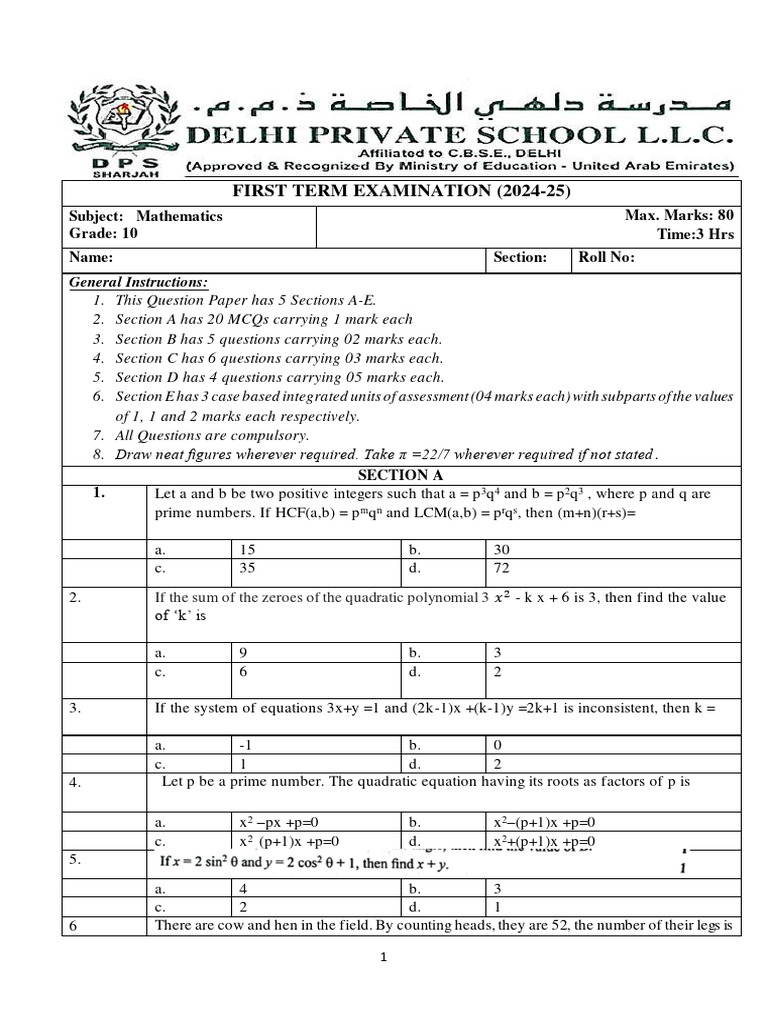 First Term Sample Paper Grade 10 2024 - 2025 | PDF | Zero Of A Function ...