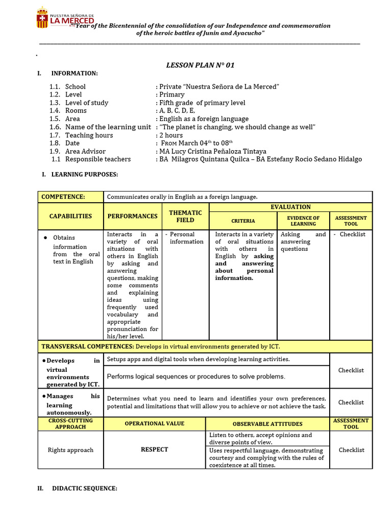 I Term - Lesson Plan 01 - Unit 01 - 5TH Grade | PDF | Educational Technology | Human Communication