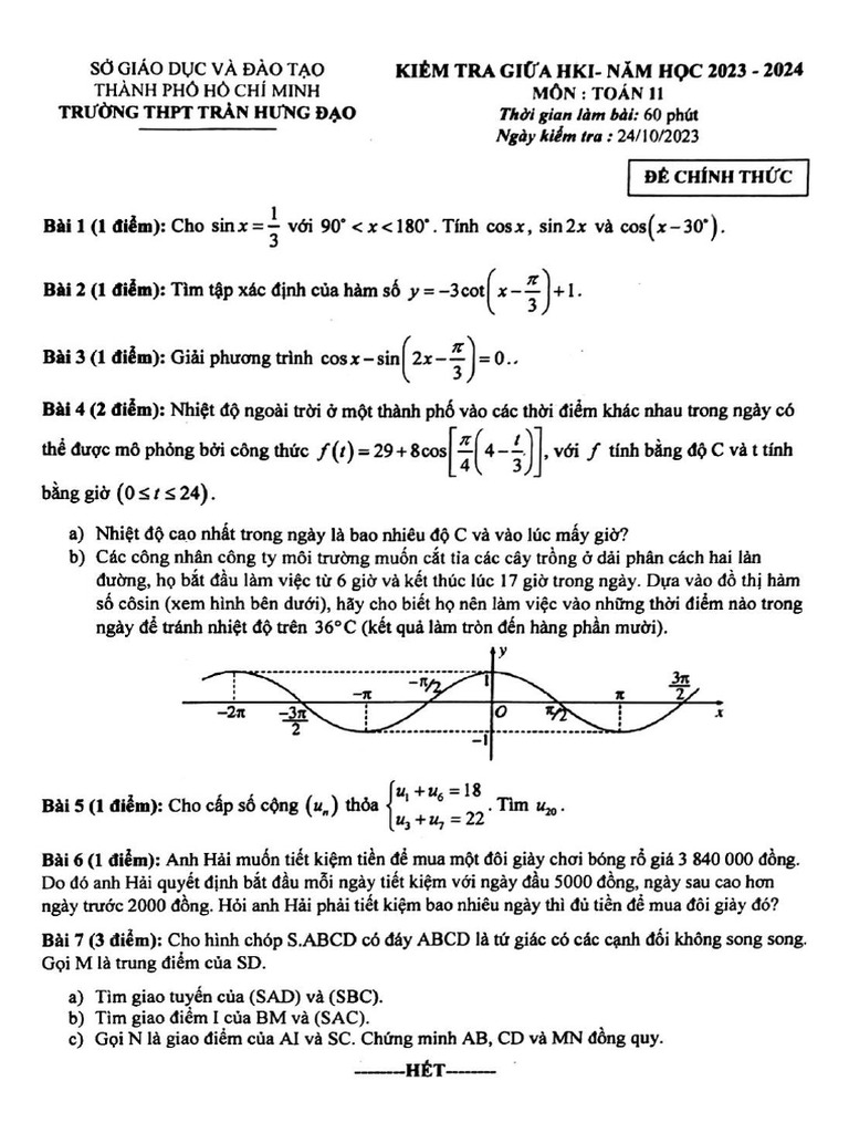 De Giua Hki Toan 11 Nam 2023 2024 Truong THPT Tran Hung Dao TP HCM | PDF