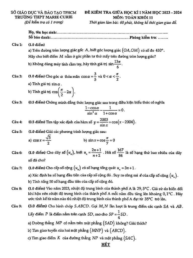 De Giua Hoc Ki 1 Toan 11 Nam 2023 2024 Truong THPT Marie Curie TP HCM | PDF