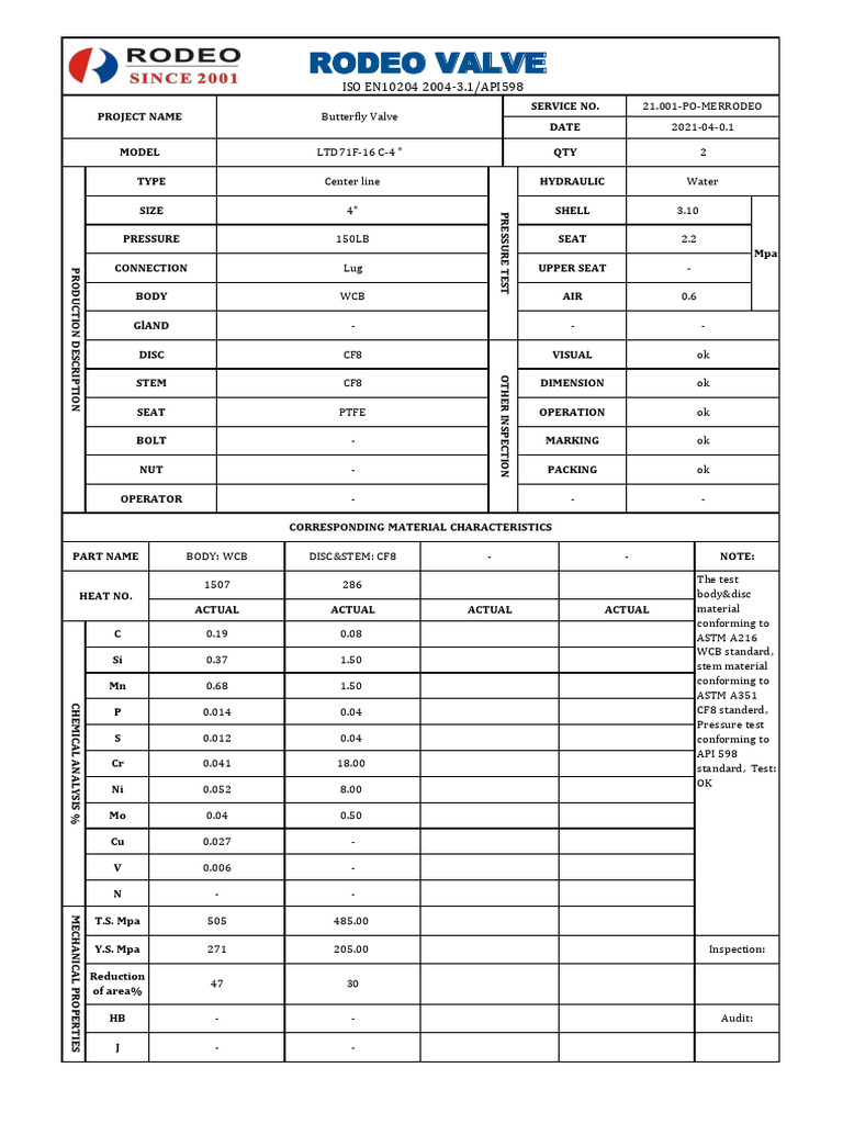 Butterfly Valves RODEO Cert of Material Test Report | PDF | Valve ...