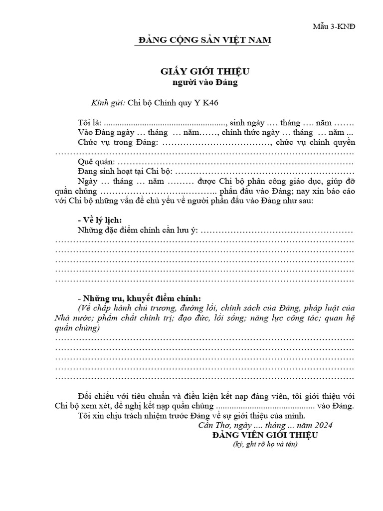Mau 3-KND Giay Gioi Thieu Nguoi Vao Dang | PDF