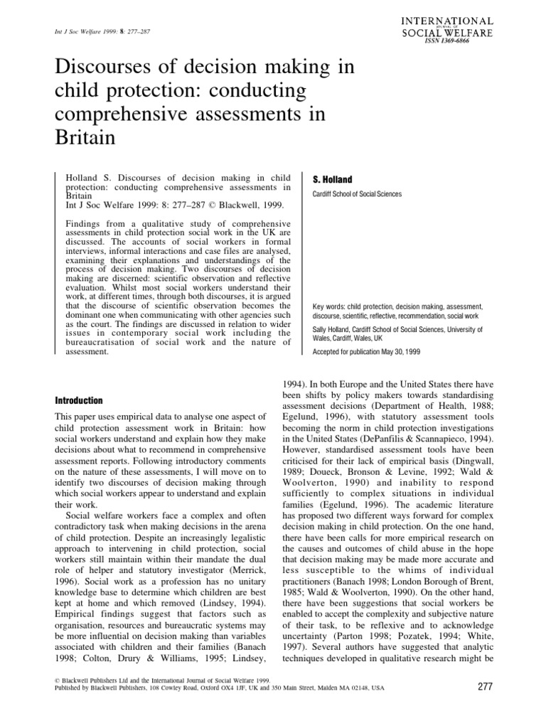 Int J Soc Welfare - 2002 - Holland - Discourses of Decision Making in Child Protection ...