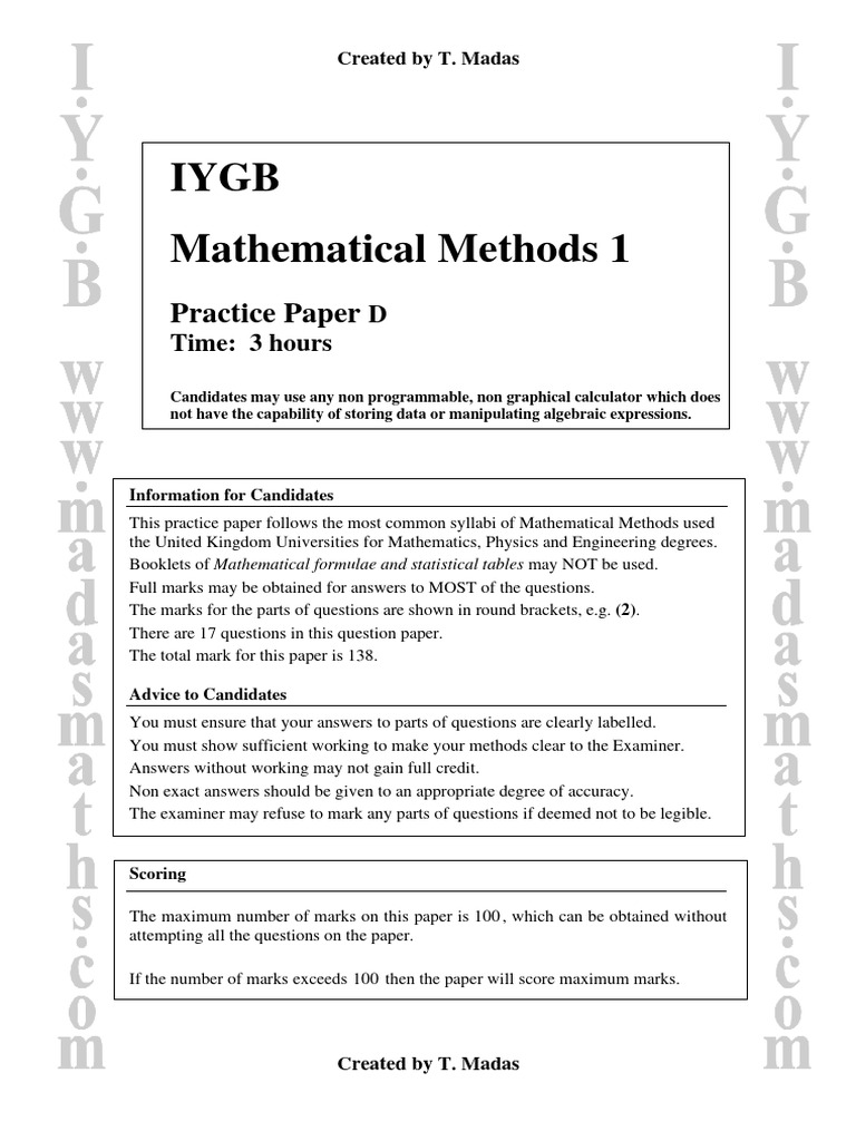 Mathematical Methods 1 Practice Paper D | PDF | Equations | Laplace ...