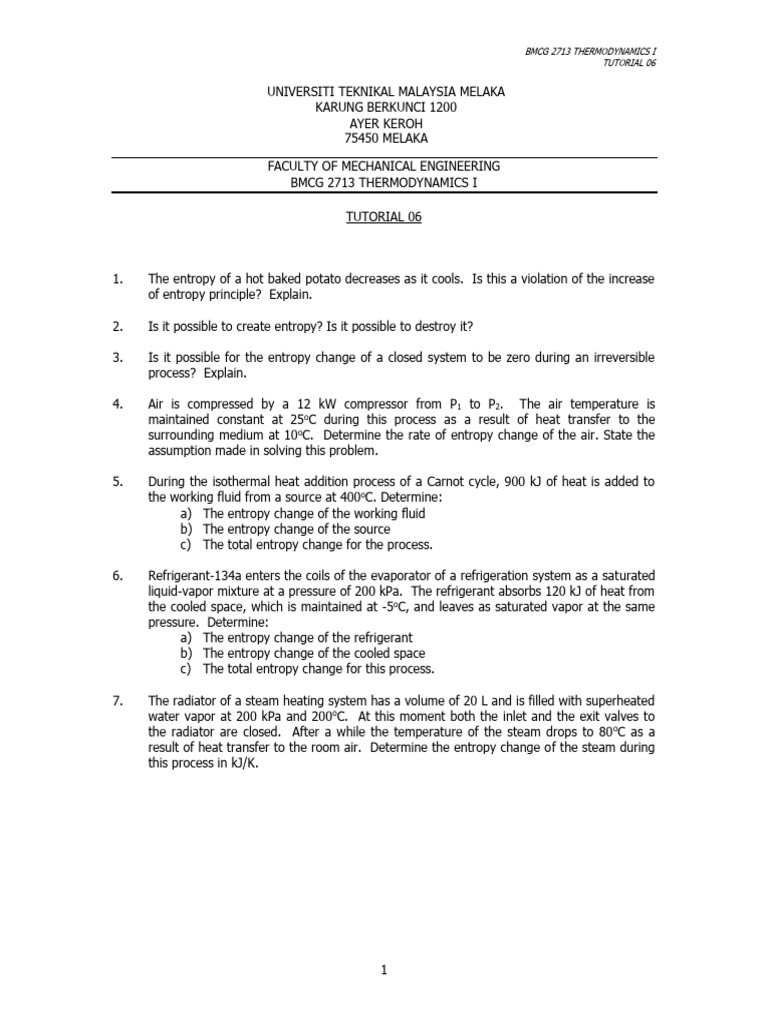 Tutorial 6 | PDF | Entropy | Heat