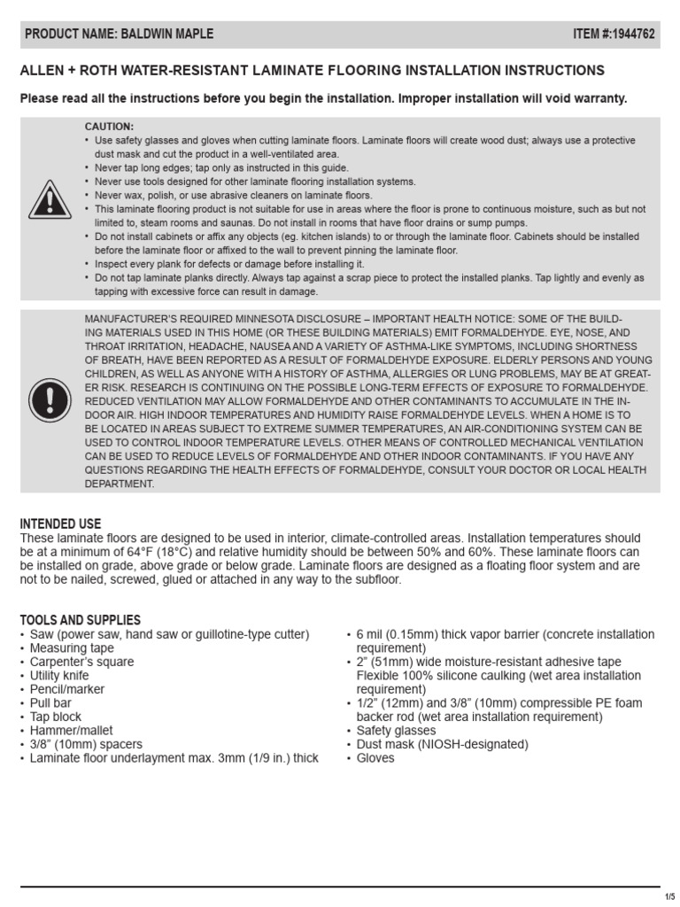 Allen + Roth Water-Resistant Laminate Flooring Installation Instructions Product Name: Baldwin ...