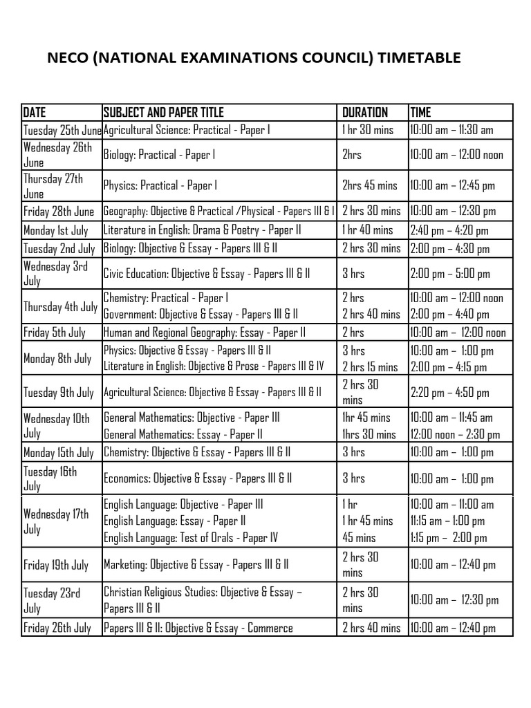 NECO Timetable Ssce Internal 2024 | PDF | Human Resource Management ...