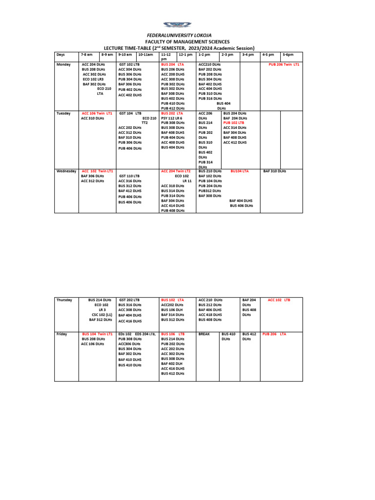 2024 FMS 2nd Semester Lecture Time Table | PDF