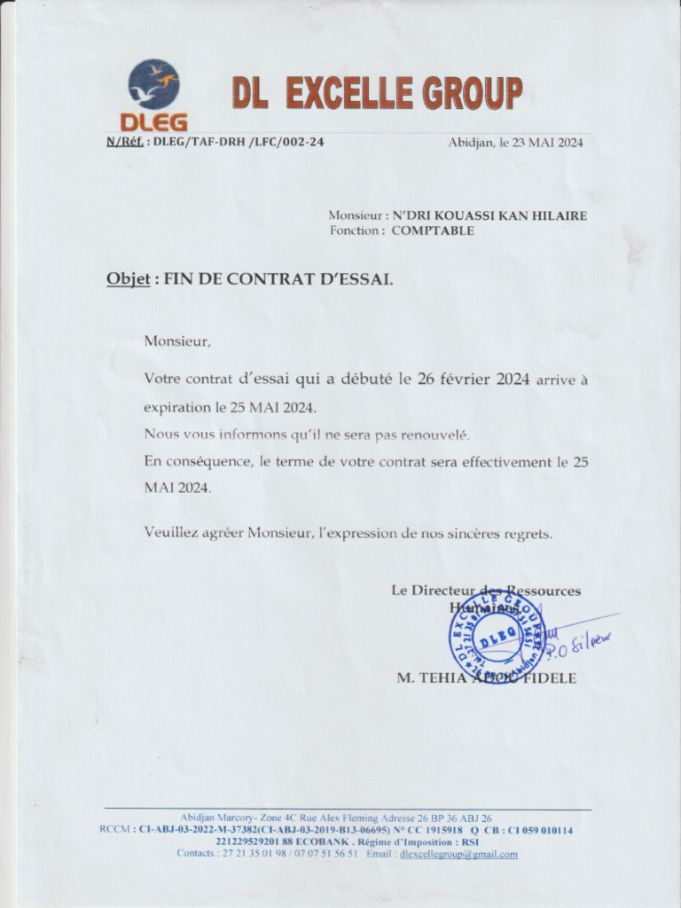 Fin de Contrat M. Yao | PDF