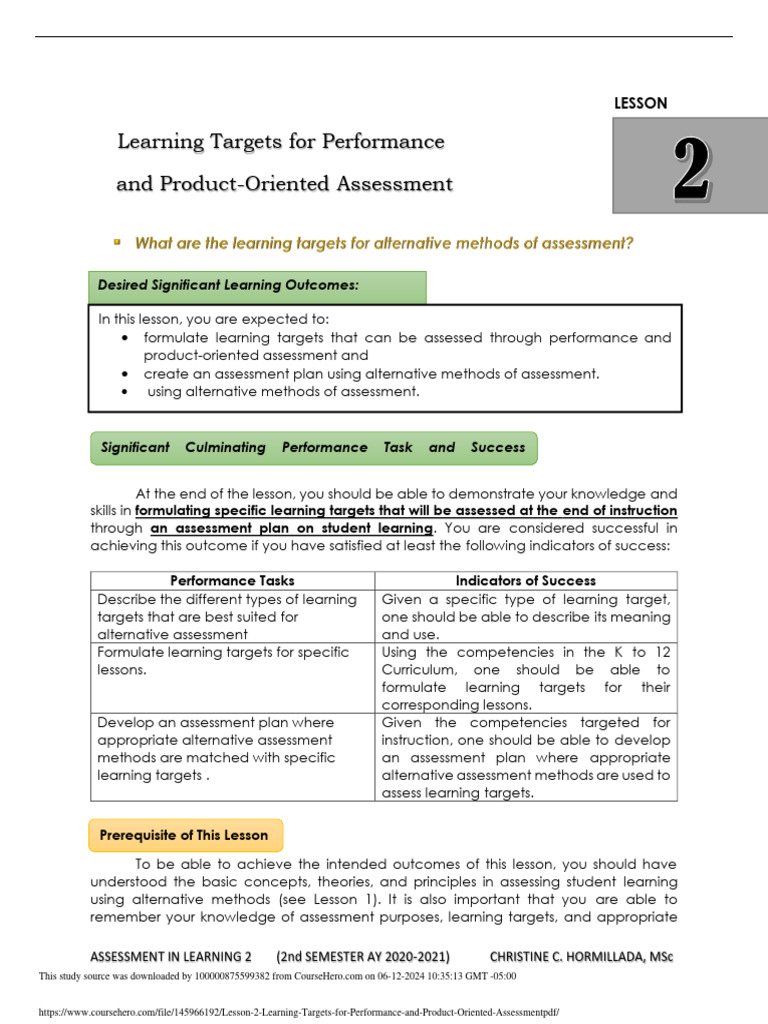 Learning Targets for Assessment Plans | PDF | Learning | Educational ...
