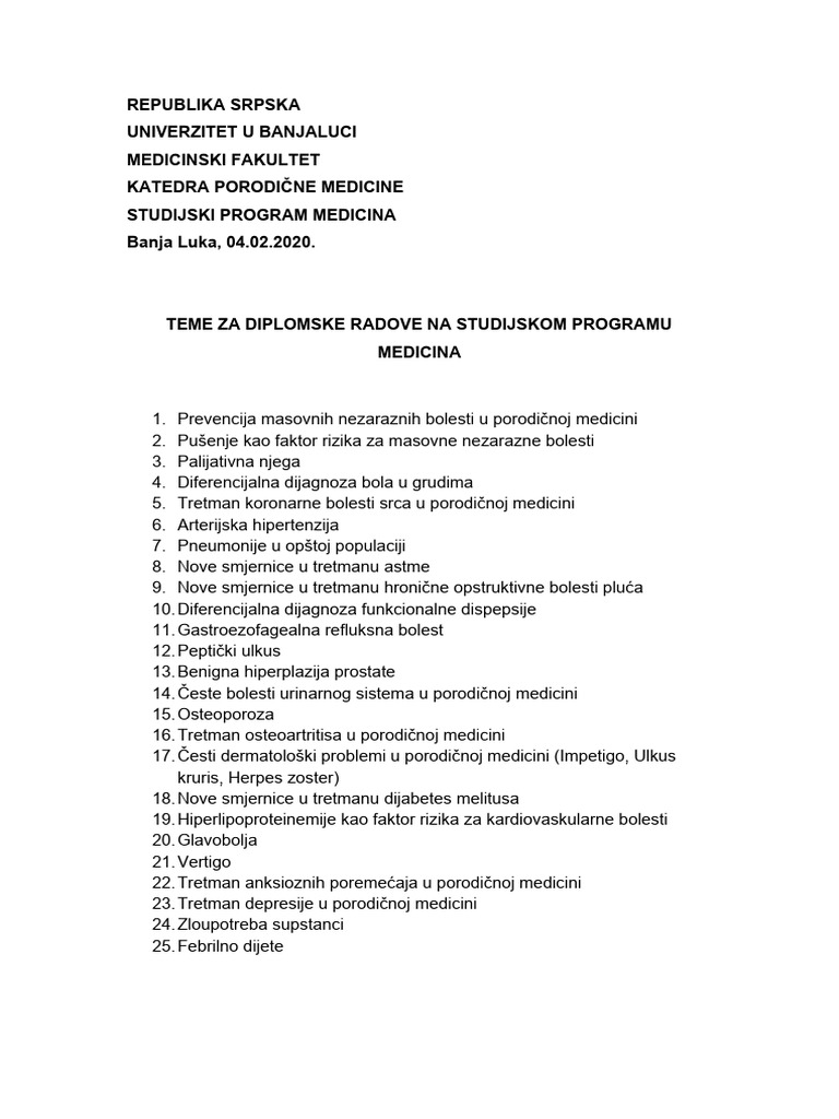 Teme Za Diplomske Radove Porodicna Medicina | PDF
