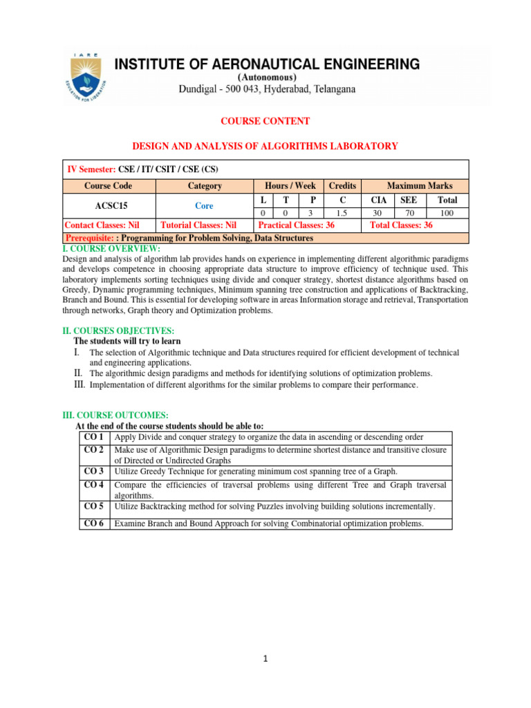 Design and Analysis of Algorithms Laboratory | PDF | Algorithms And Data Structures | Computer ...