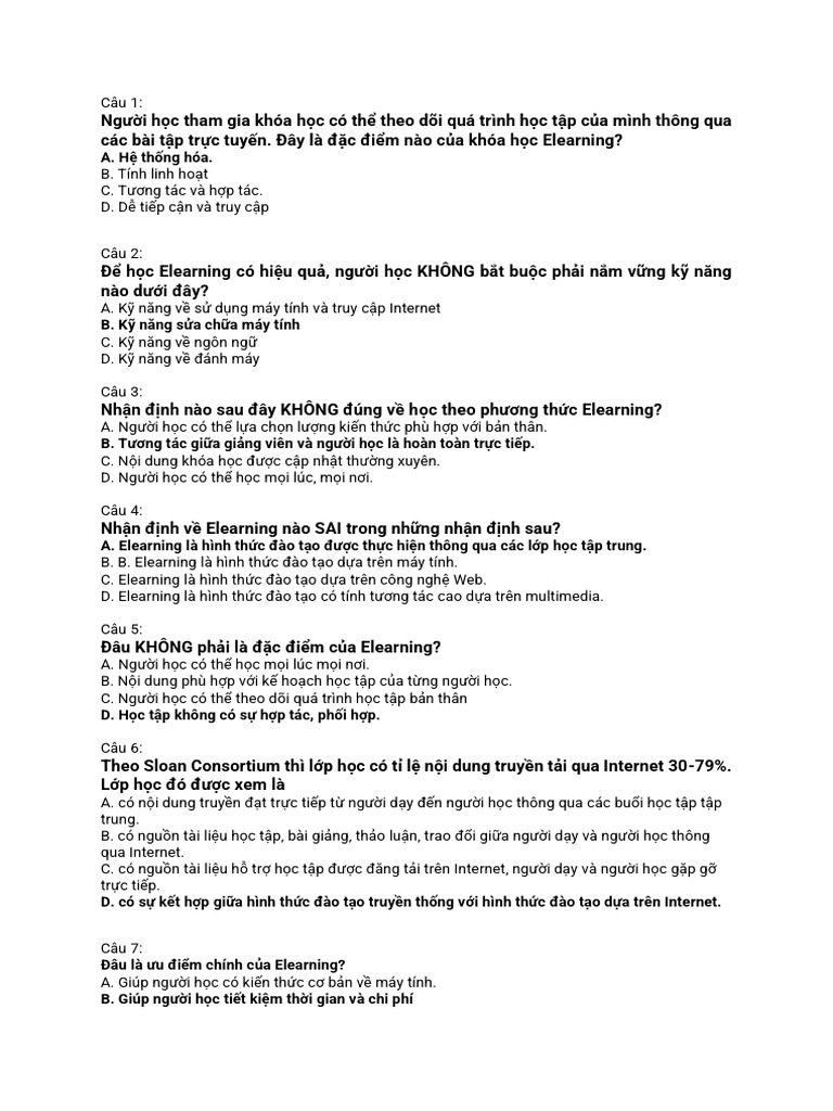 (Tổng quan Internet & E-Learning) Đáp án Luyện tập trắc nghiệm 3 | PDF