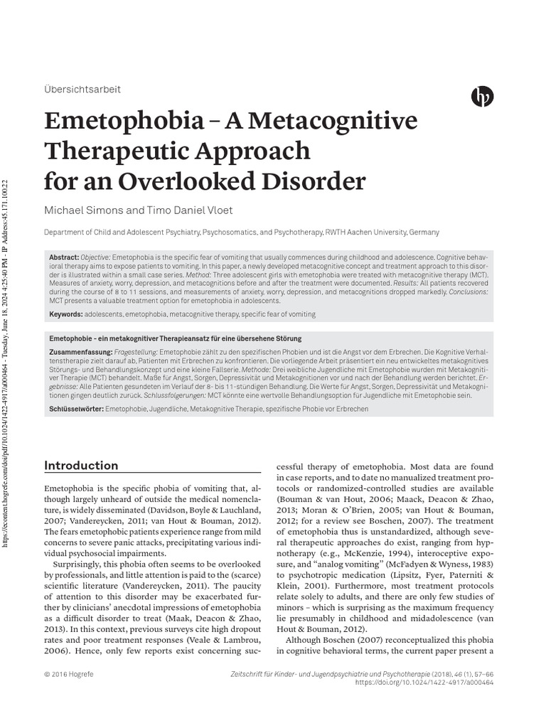 Metacognitive Therapy for Emetophobia | PDF | Mental Disorder ...