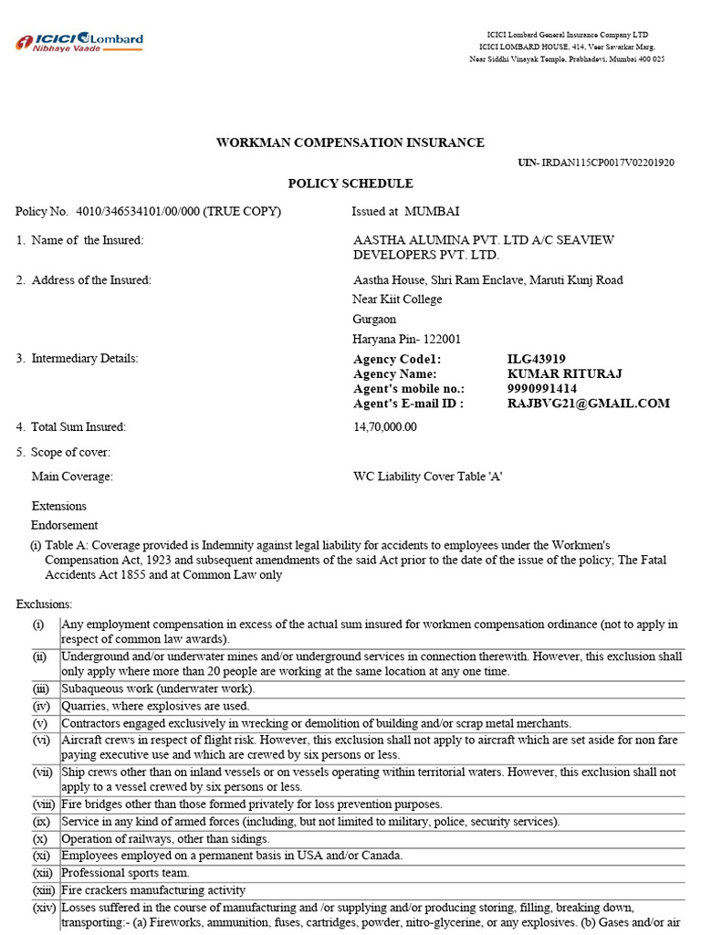 WC Policy Aastha A.C Seaview Candor Sector 135 Noida | PDF | Insurance ...