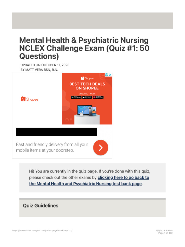Mental Health Psychiatric Nursing NCLEX Challenge Exam Quiz 1 50 Questions | PDF ...