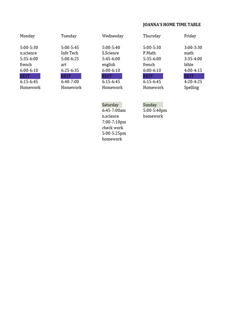 Joanna's Weekly Study Schedule | PDF