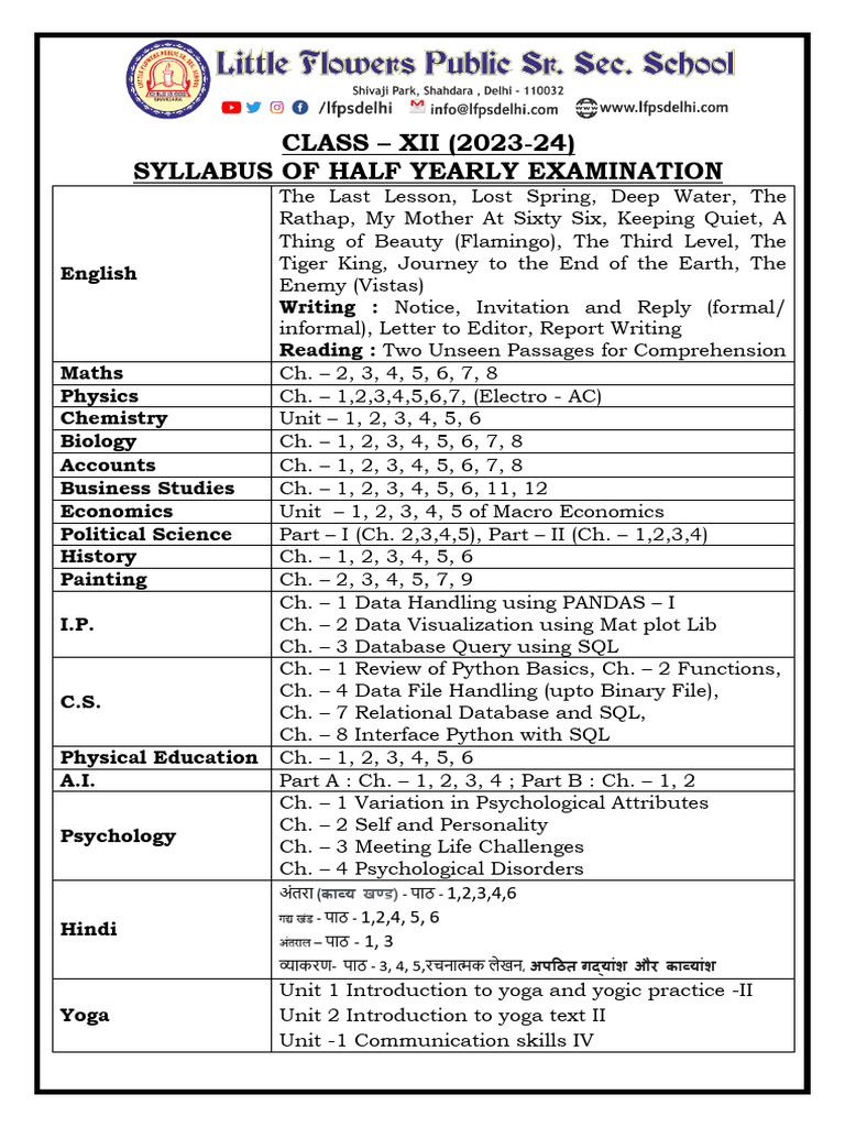 Sy. of Half Yearly Examination - Xii (2023-24) | PDF