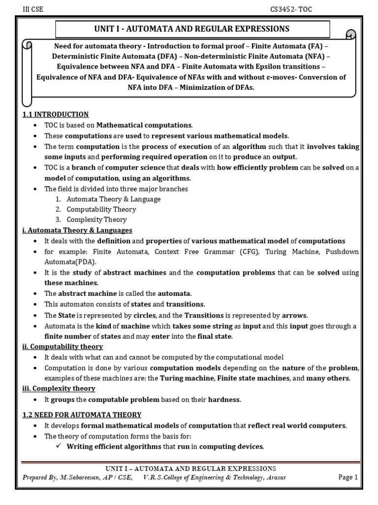 Unit 1 M.sabareesan Ii Cse (108 P X 62 C) Toc | PDF | Automata Theory | Mathematics