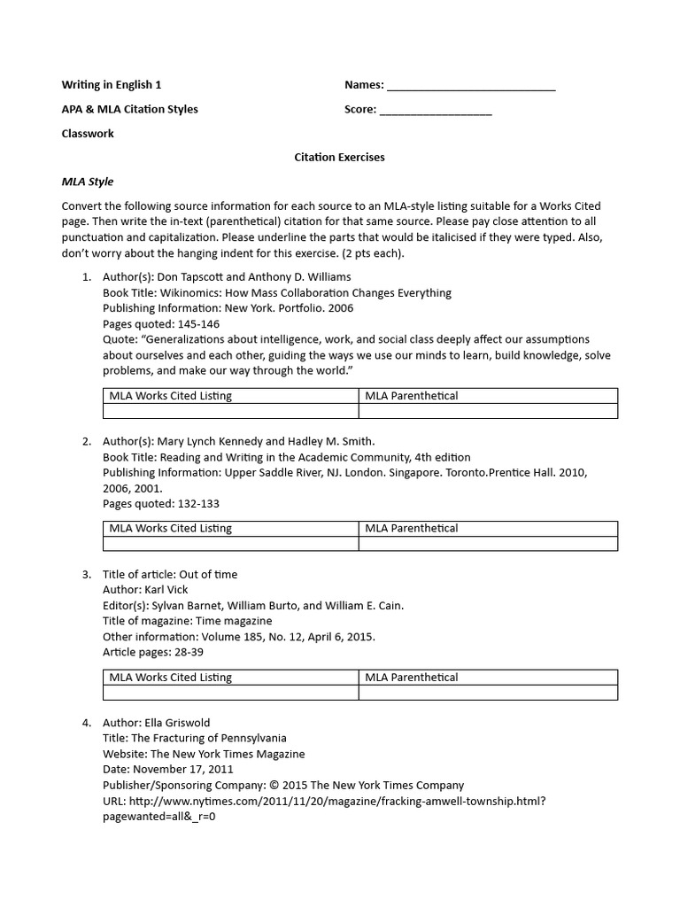 W1 Classwork APAandMLA | PDF | Brain | Citation