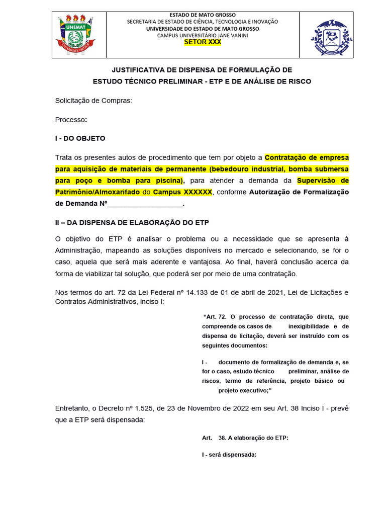 Modelo Justificativa de Dispensa Etp e Analise de Risco | PDF | Tecnologia e Engenharia